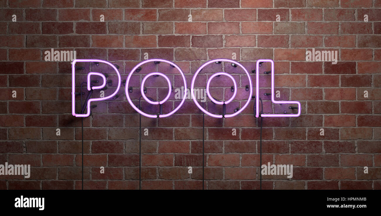 POOL - fluorescent Neon tube Sign on brickwork - Front view - 3D ...