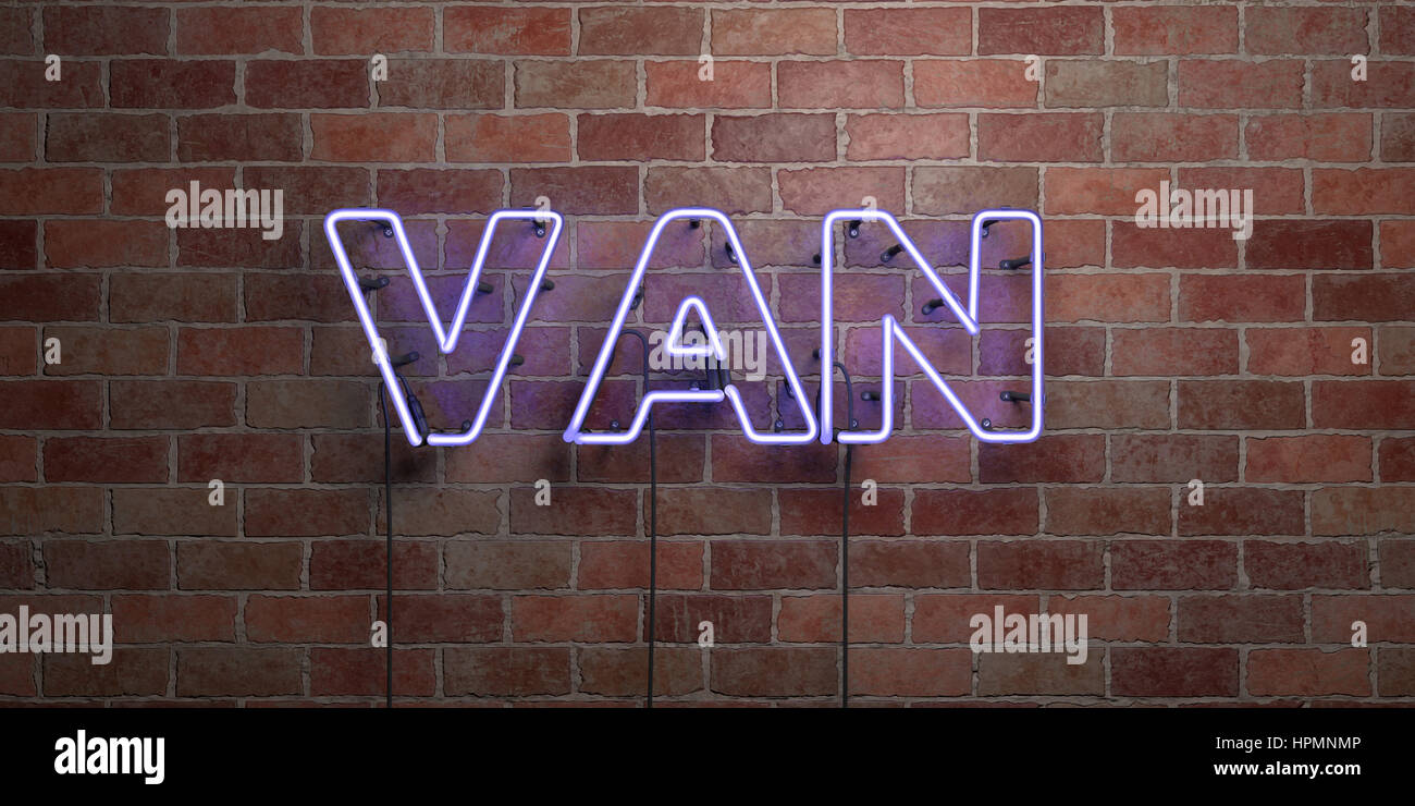 VAN - fluorescent Neon tube Sign on brickwork - Front view - 3D ...