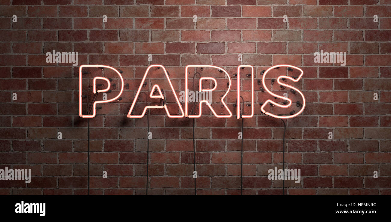 PARIS - fluorescent Neon tube Sign on brickwork - Front view - 3D ...