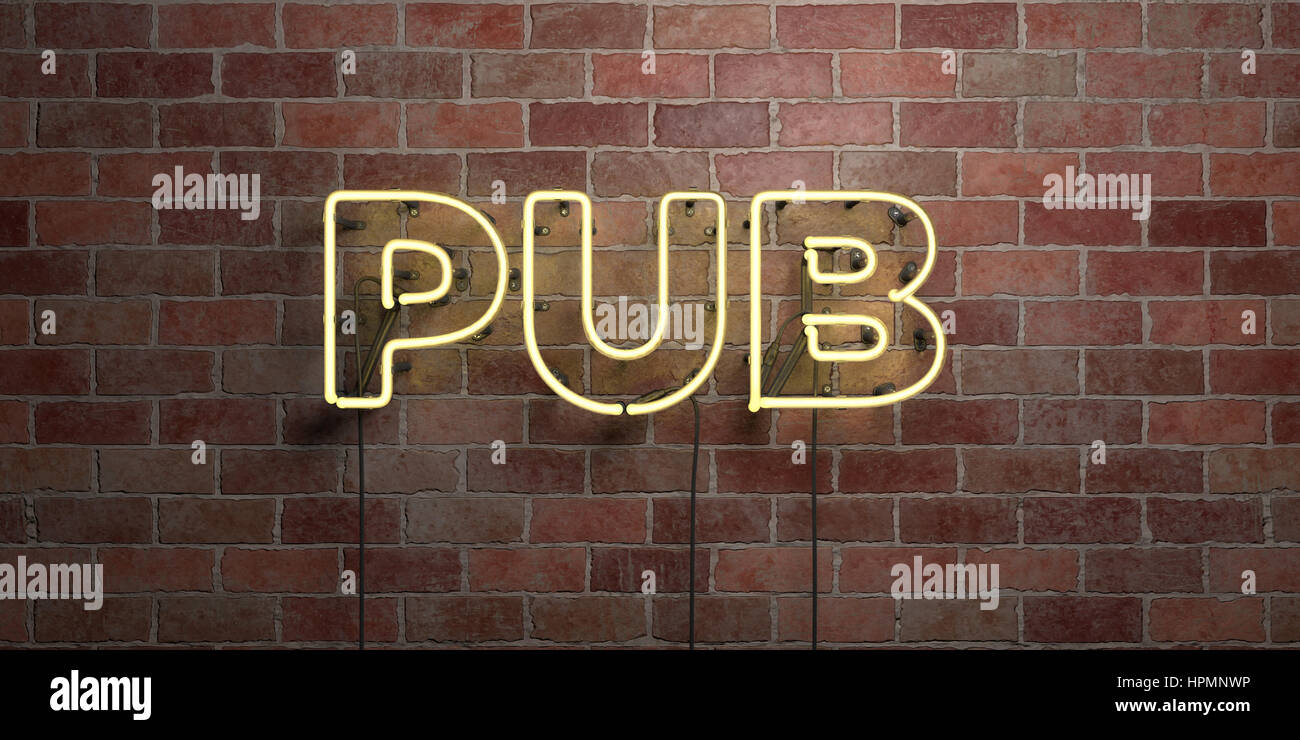 PUB - fluorescent Neon tube Sign on brickwork - Front view - 3D ...
