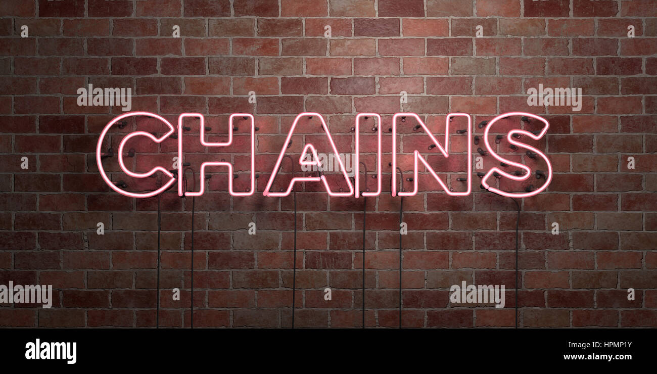 CHAINS - fluorescent Neon tube Sign on brickwork - Front view - 3D ...
