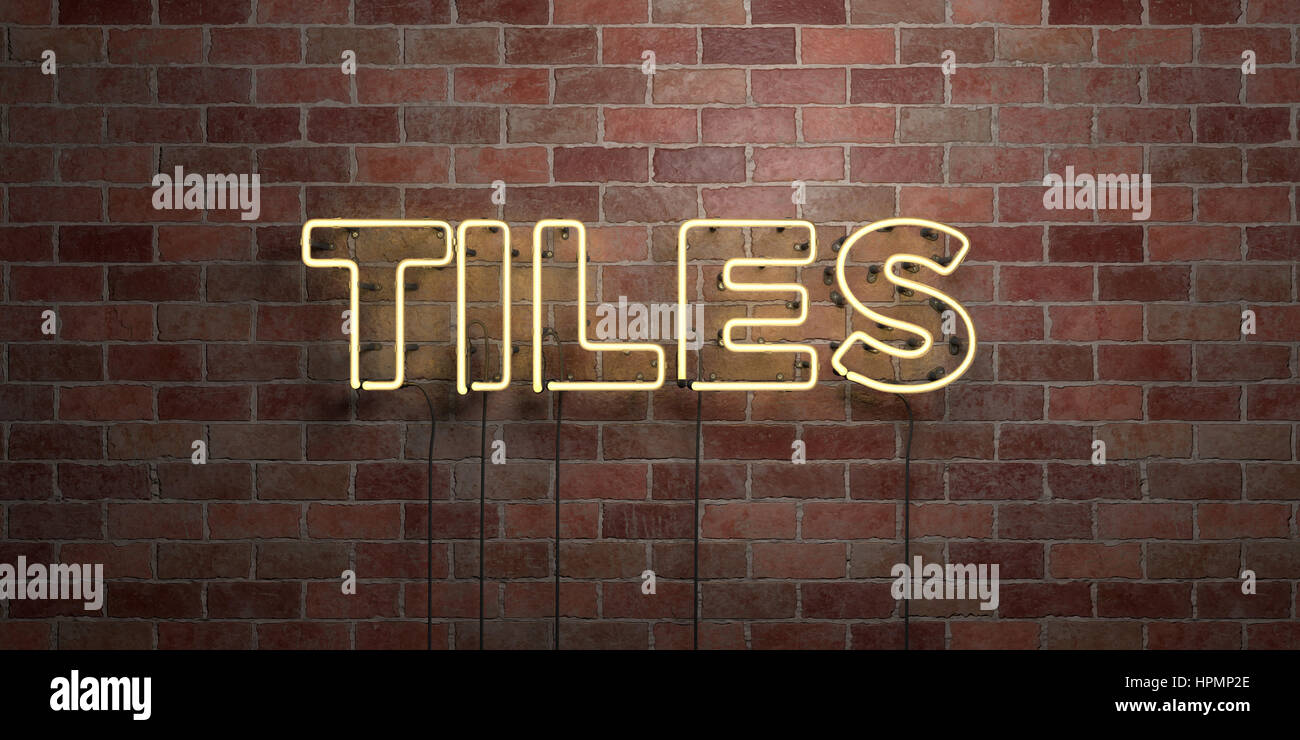 TILES - fluorescent Neon tube Sign on brickwork - Front view - 3D ...