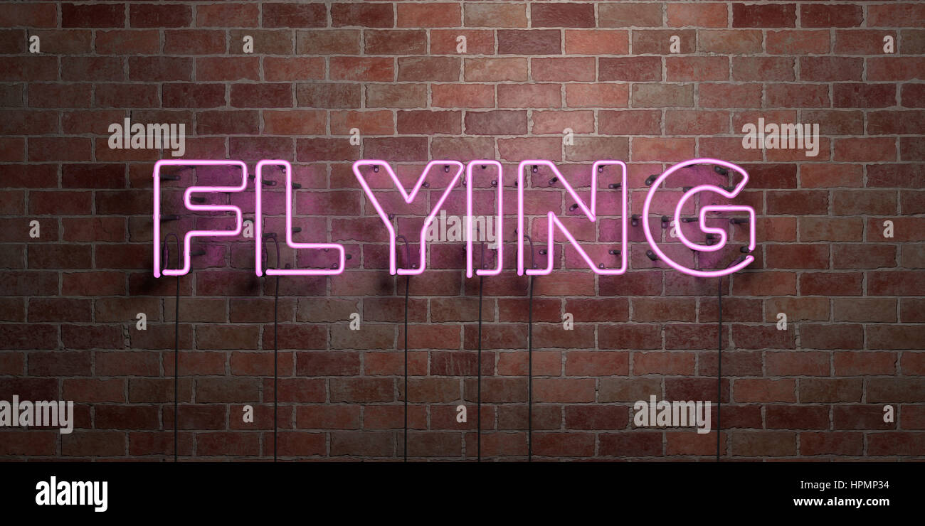 FLYING - fluorescent Neon tube Sign on brickwork - Front view - 3D ...