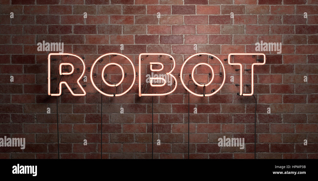 ROBOT - fluorescent Neon tube Sign on brickwork - Front view - 3D ...