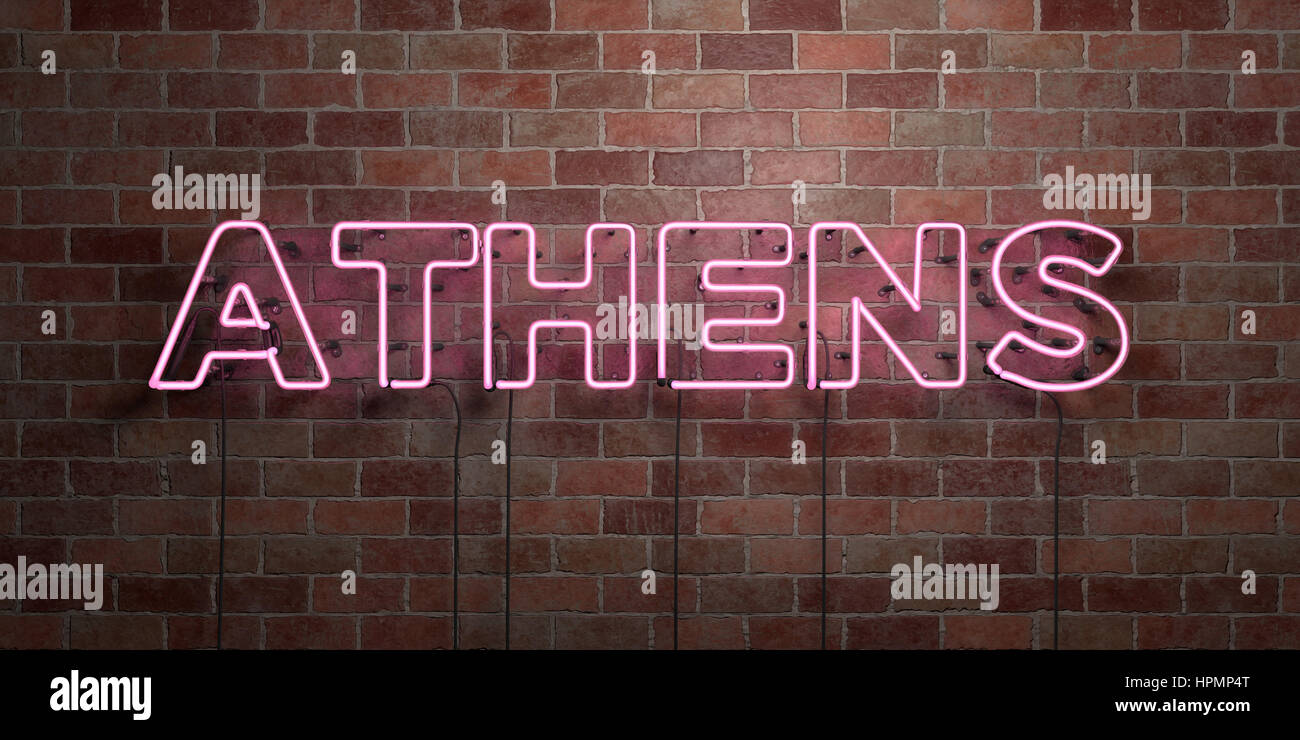 ATHENS - fluorescent Neon tube Sign on brickwork - Front view - 3D ...