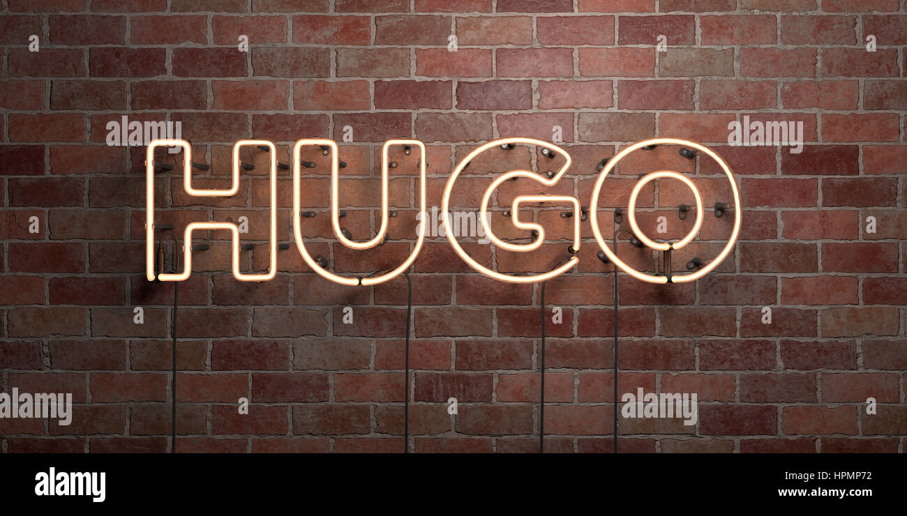 HUGO - fluorescent Neon tube Sign on brickwork - Front view - 3D ...