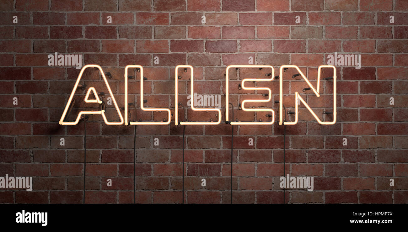 ALLEN - fluorescent Neon tube Sign on brickwork - Front view - 3D ...
