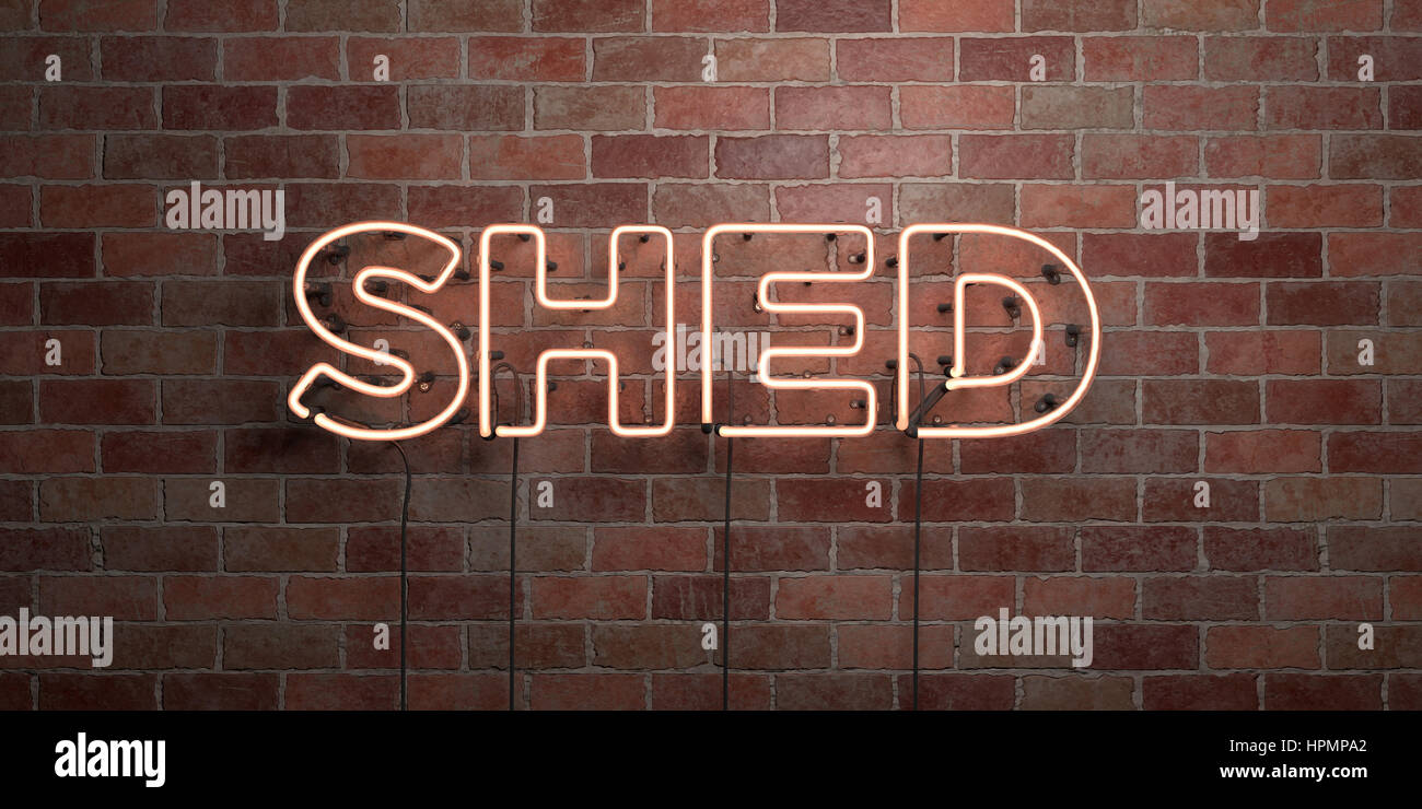 SHED - fluorescent Neon tube Sign on brickwork - Front view - 3D ...