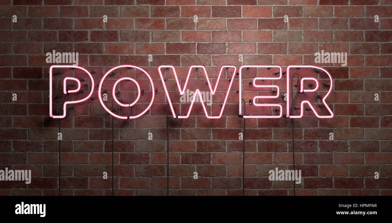 POWER - fluorescent Neon tube Sign on brickwork - Front view - 3D ...