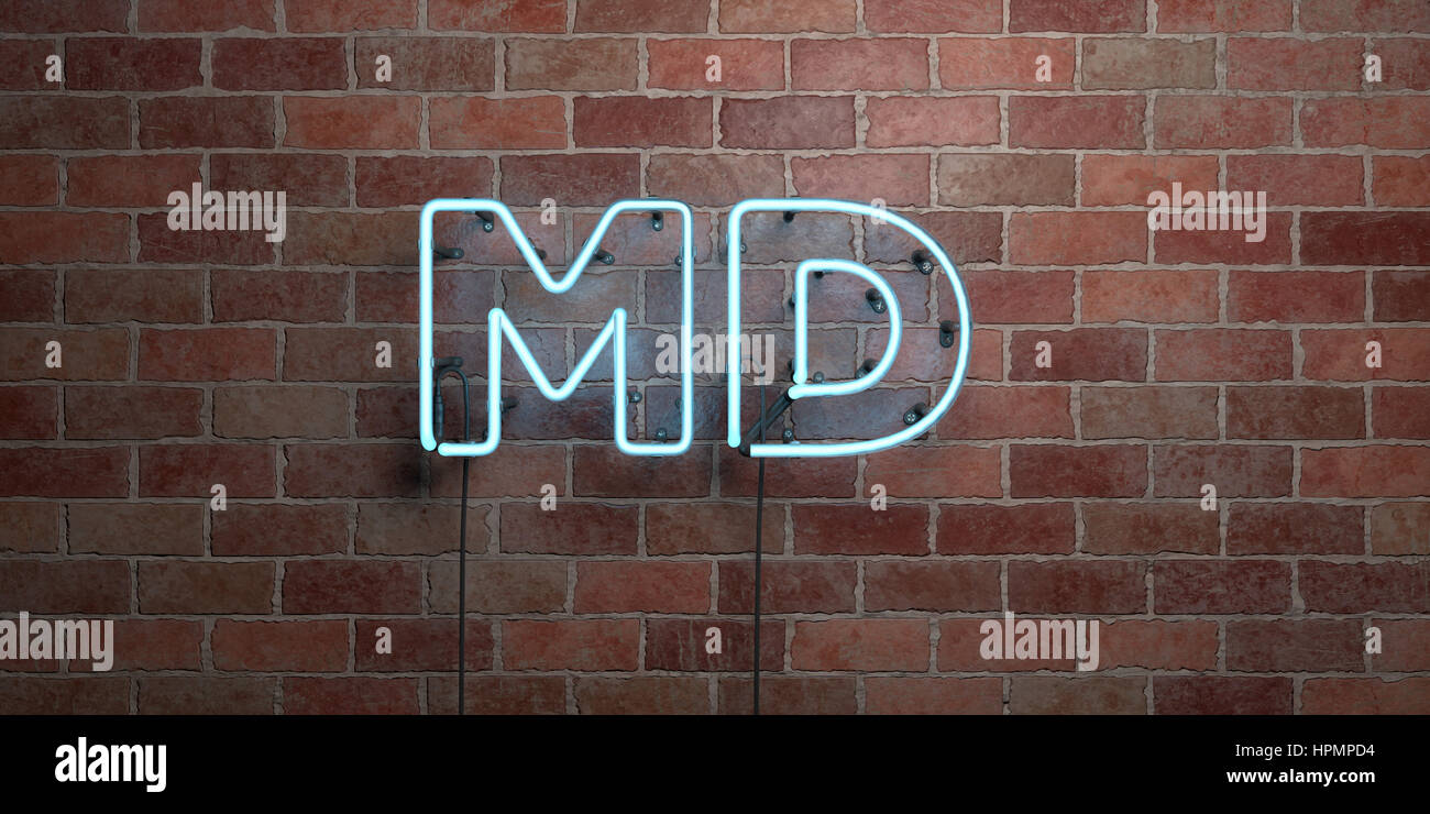 MD - fluorescent Neon tube Sign on brickwork - Front view - 3D rendered ...