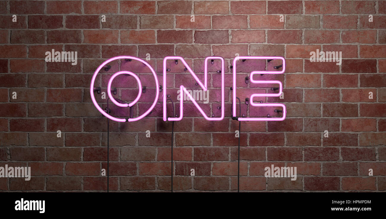 ONE - fluorescent Neon tube Sign on brickwork - Front view - 3D ...