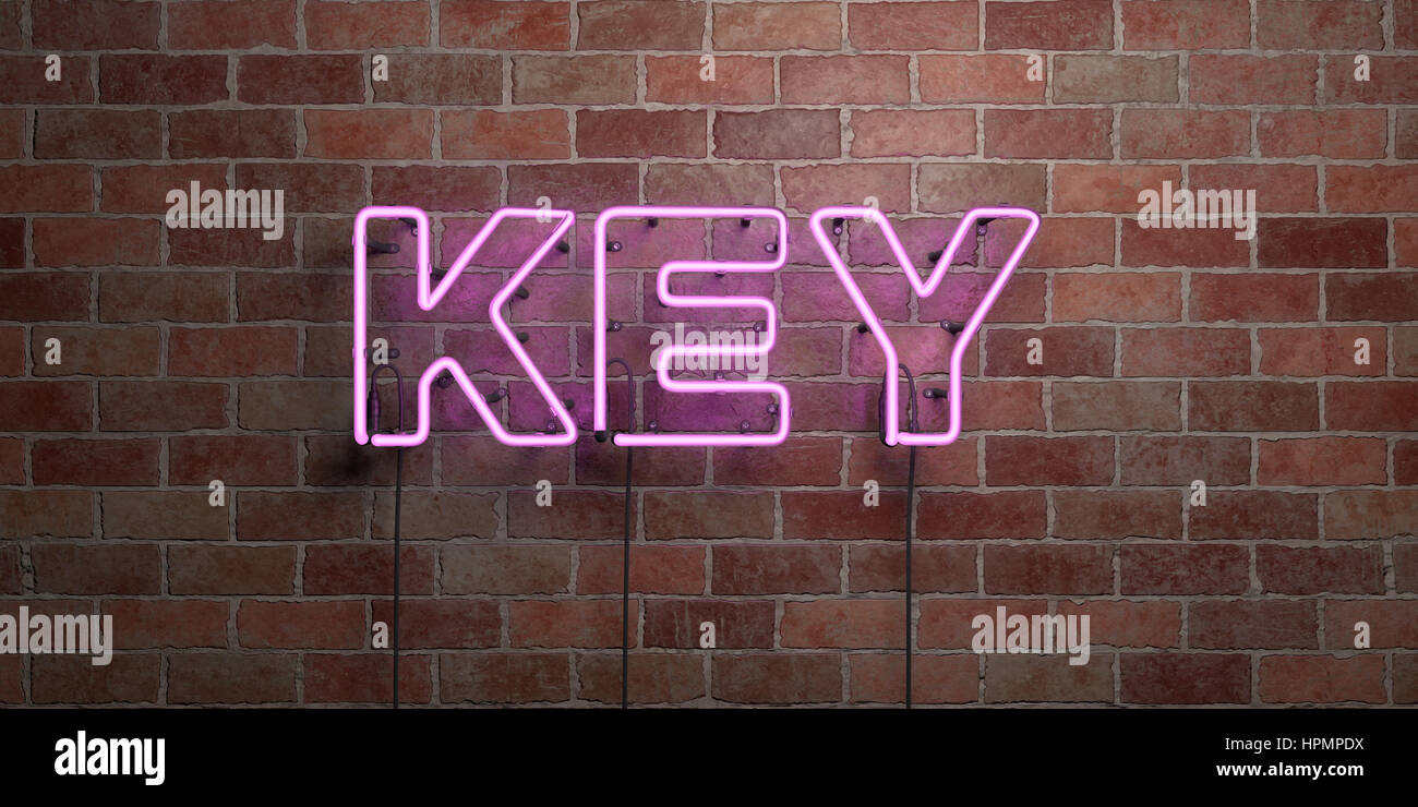 KEY - fluorescent Neon tube Sign on brickwork - Front view - 3D ...
