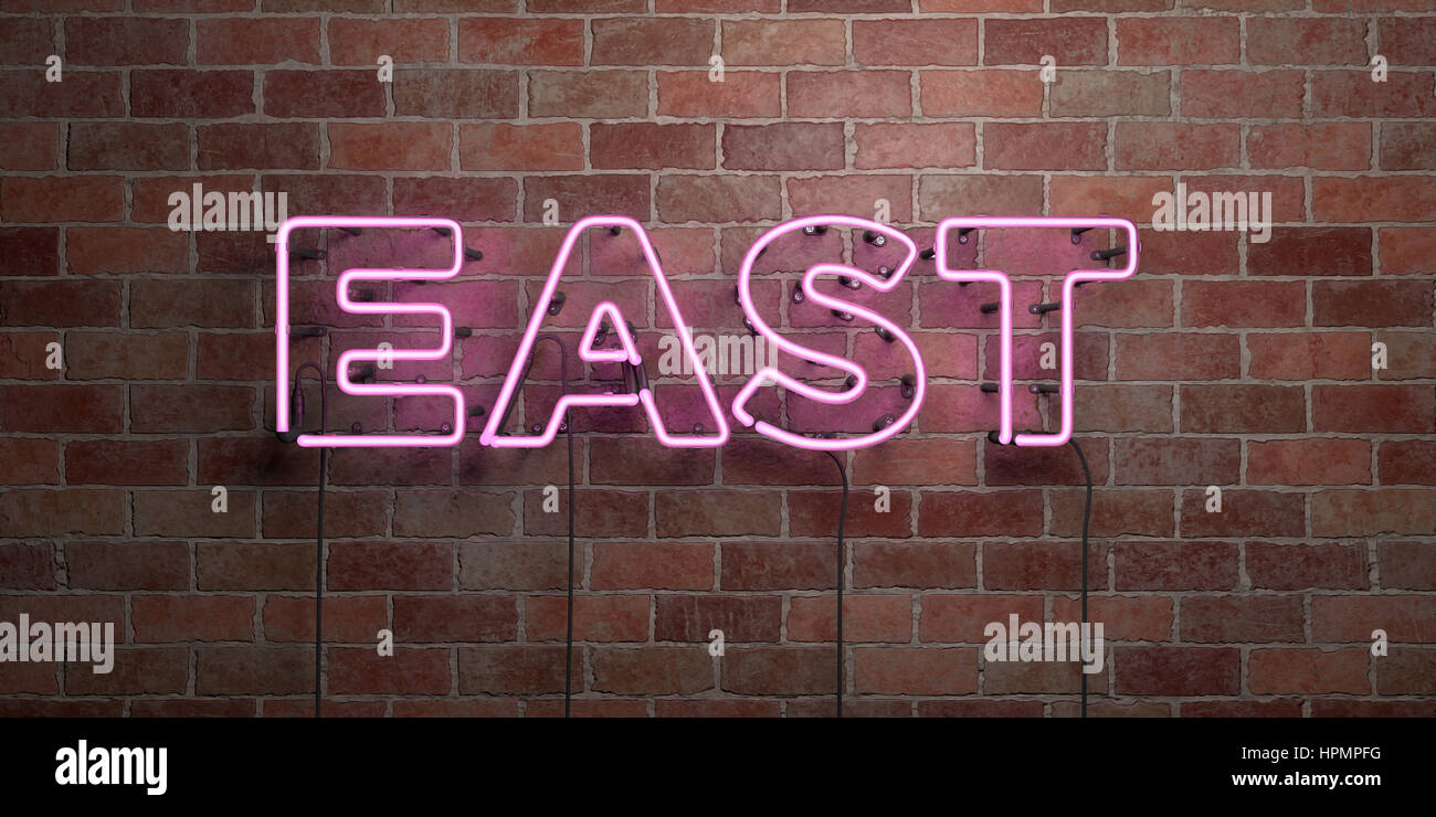 EAST - fluorescent Neon tube Sign on brickwork - Front view - 3D ...