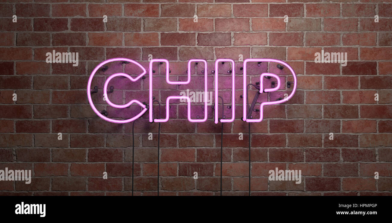CHIP - fluorescent Neon tube Sign on brickwork - Front view - 3D ...