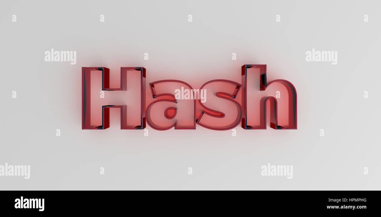 Hash - Red glass text on white background - 3D rendered royalty free ...