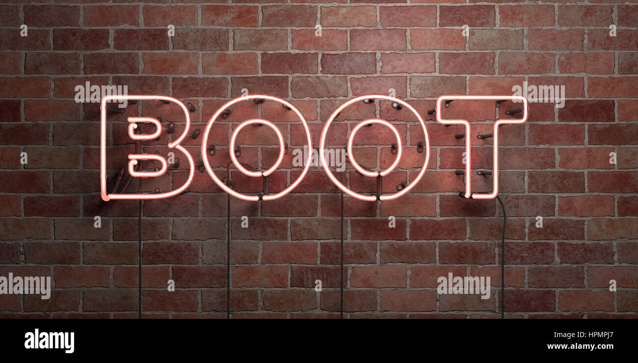 BOOT - fluorescent Neon tube Sign on brickwork - Front view - 3D ...