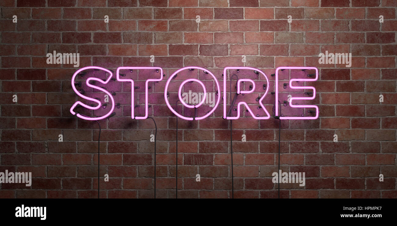 STORE - fluorescent Neon tube Sign on brickwork - Front view - 3D ...