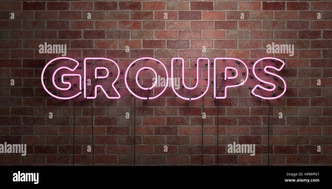 GROUPS - fluorescent Neon tube Sign on brickwork - Front view - 3D ...
