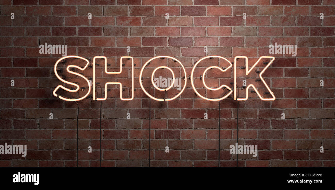 SHOCK - fluorescent Neon tube Sign on brickwork - Front view - 3D ...