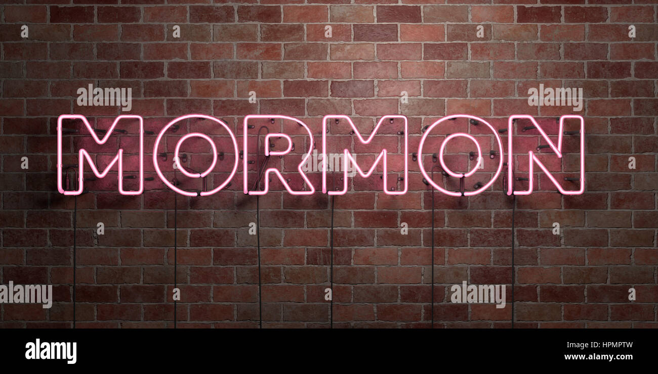 MORMON - fluorescent Neon tube Sign on brickwork - Front view - 3D ...