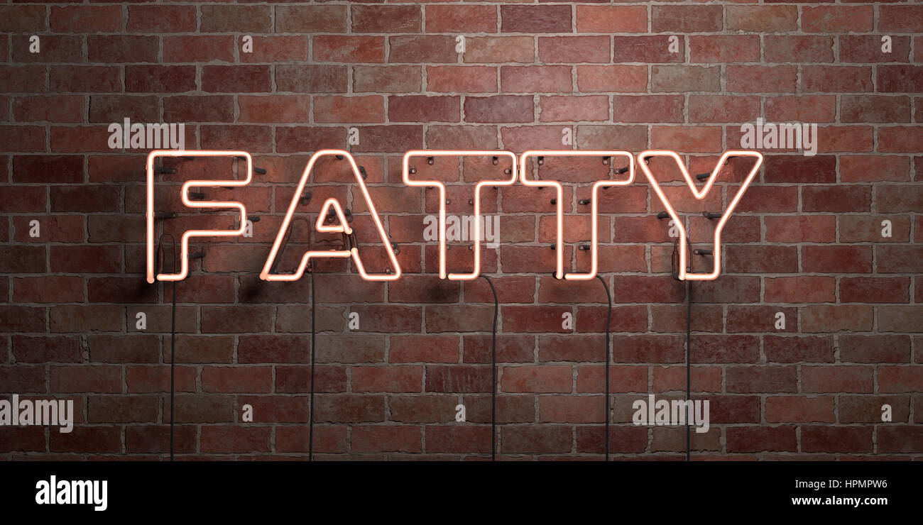 FATTY - fluorescent Neon tube Sign on brickwork - Front view - 3D ...