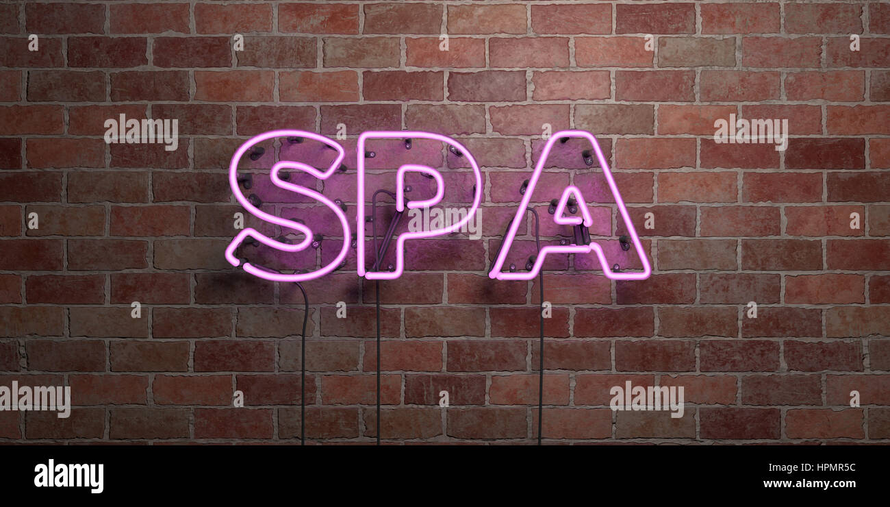 SPA - fluorescent Neon tube Sign on brickwork - Front view - 3D ...