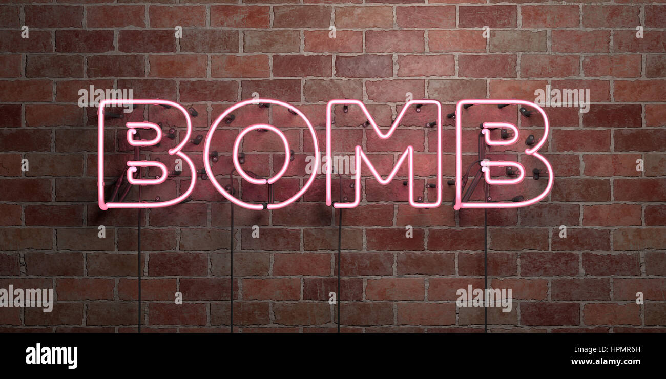 BOMB - fluorescent Neon tube Sign on brickwork - Front view - 3D ...