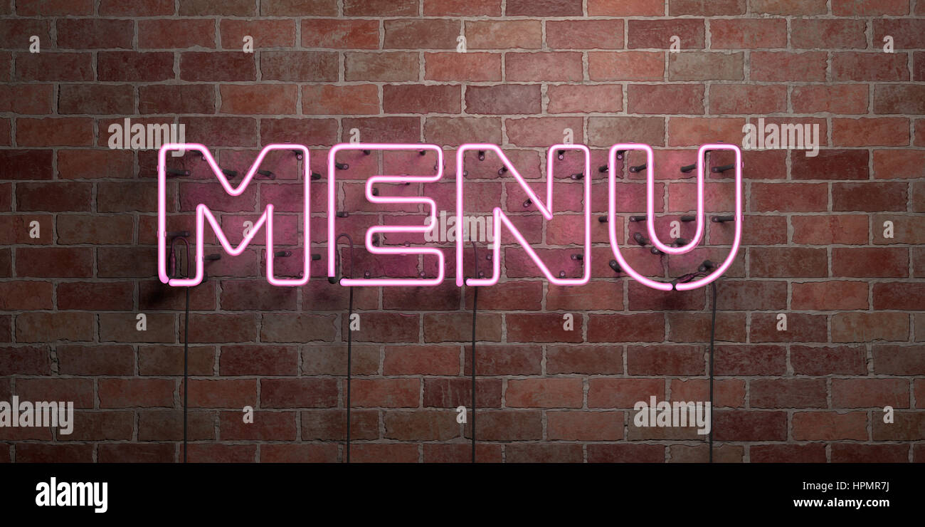 MENU - fluorescent Neon tube Sign on brickwork - Front view - 3D ...