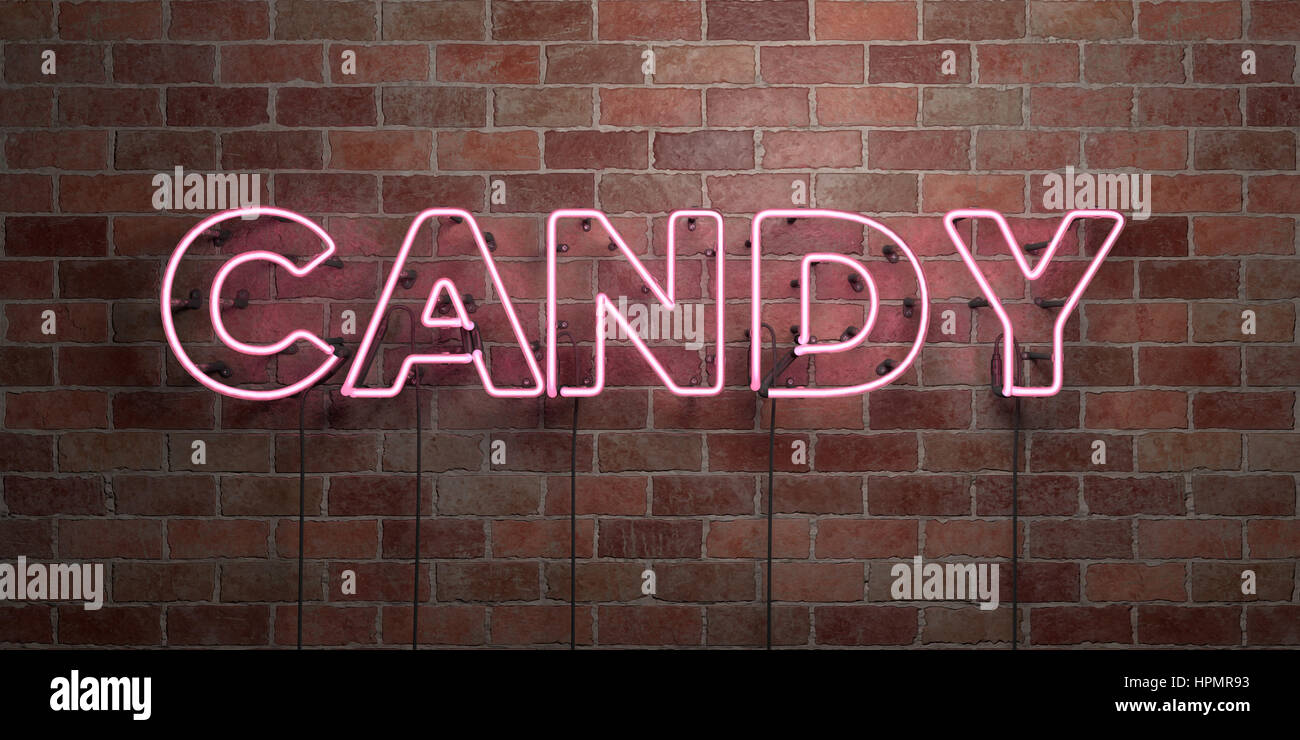 CANDY - fluorescent Neon tube Sign on brickwork - Front view - 3D ...