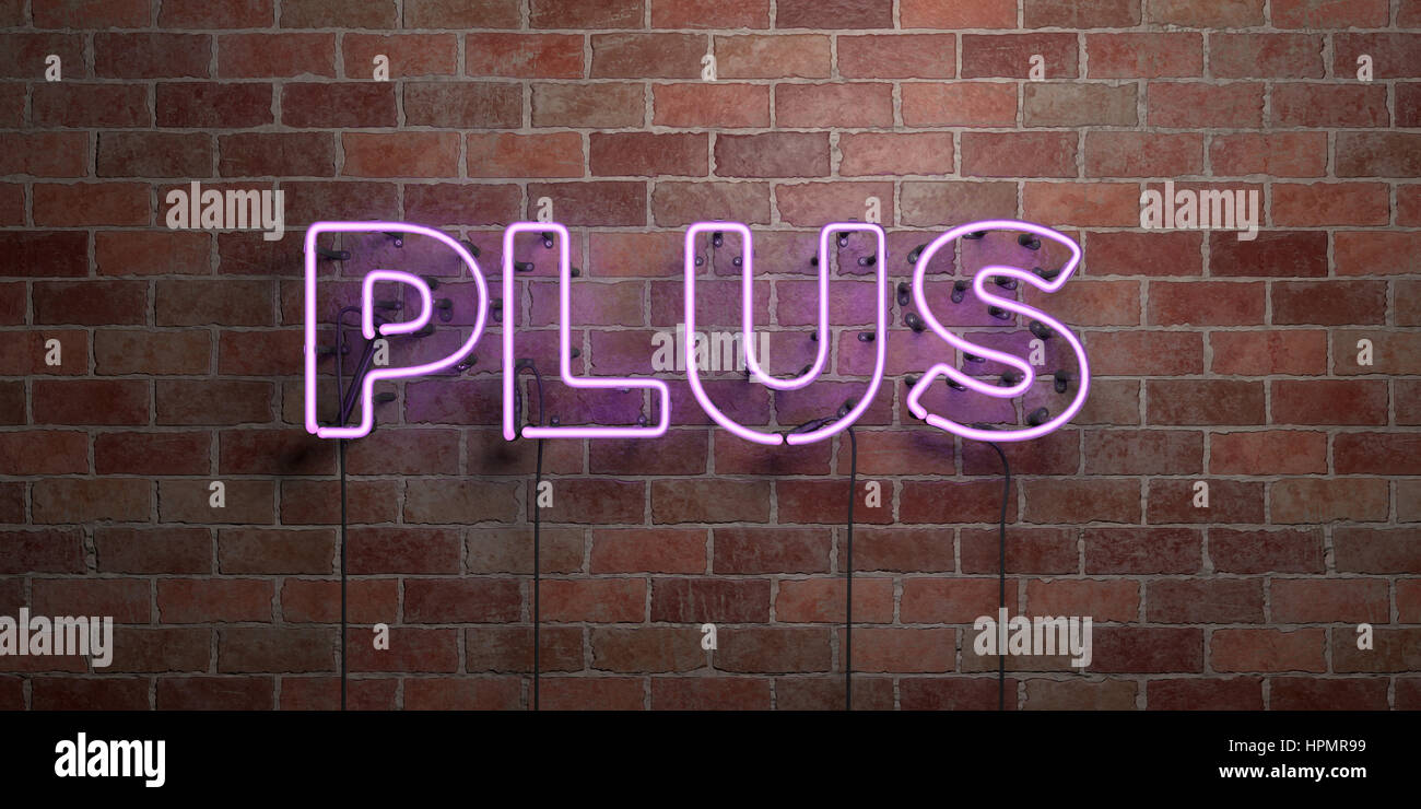 PLUS - fluorescent Neon tube Sign on brickwork - Front view - 3D ...