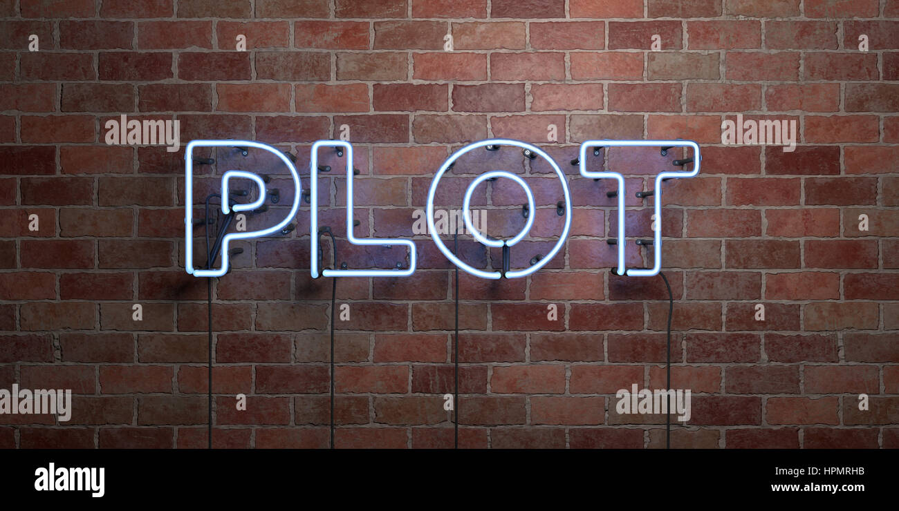 PLOT - fluorescent Neon tube Sign on brickwork - Front view - 3D ...