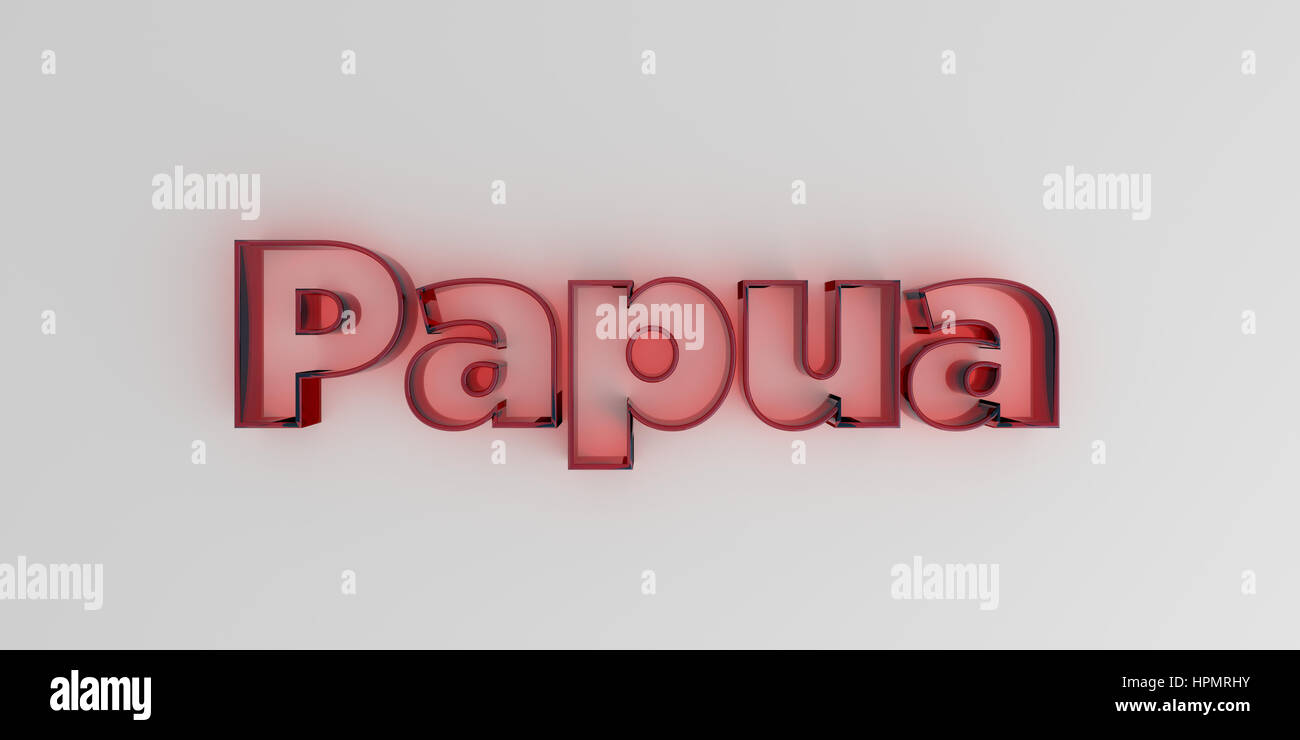 Papua - Red glass text on white background - 3D rendered royalty free ...