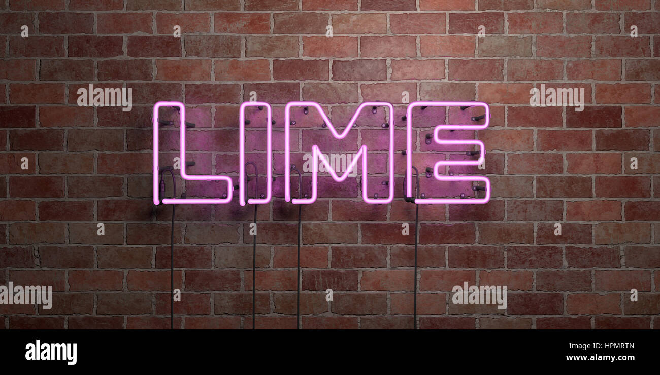 LIME - fluorescent Neon tube Sign on brickwork - Front view - 3D ...