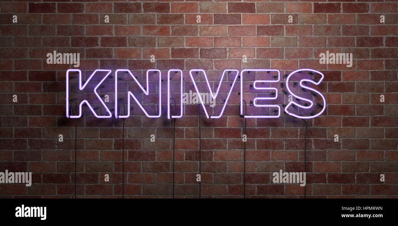 KNIVES - fluorescent Neon tube Sign on brickwork - Front view - 3D ...
