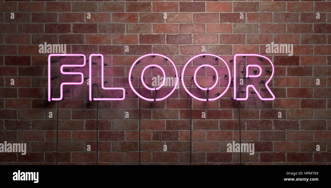 FLOOR - fluorescent Neon tube Sign on brickwork - Front view - 3D ...