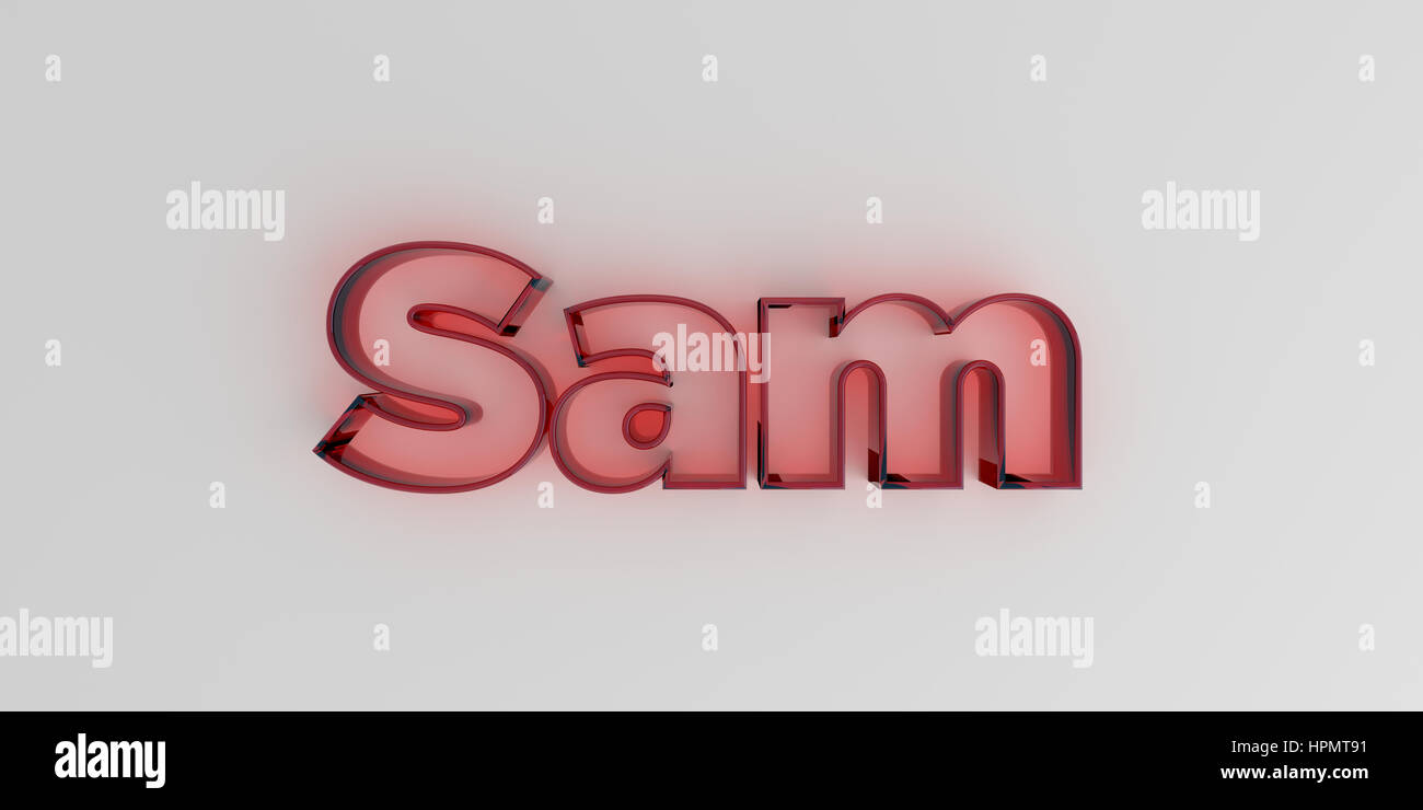 Sam - Red glass text on white background - 3D rendered royalty free ...