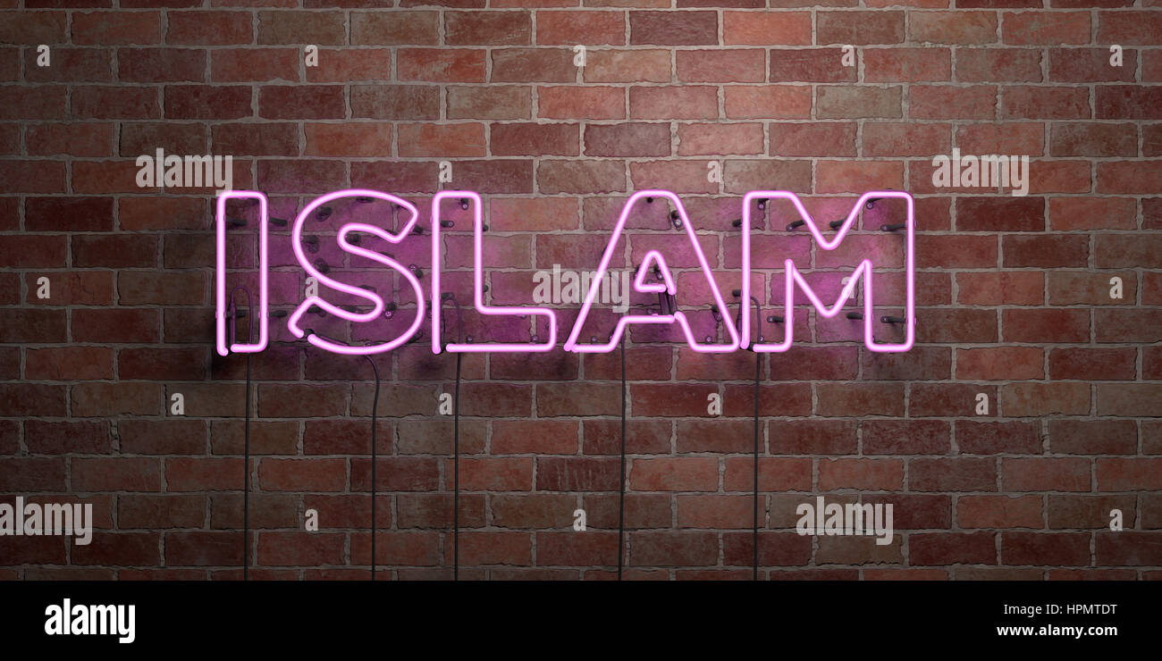 ISLAM - fluorescent Neon tube Sign on brickwork - Front view - 3D ...