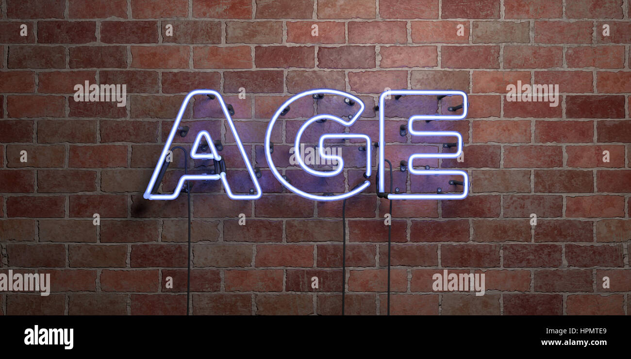AGE - fluorescent Neon tube Sign on brickwork - Front view - 3D ...