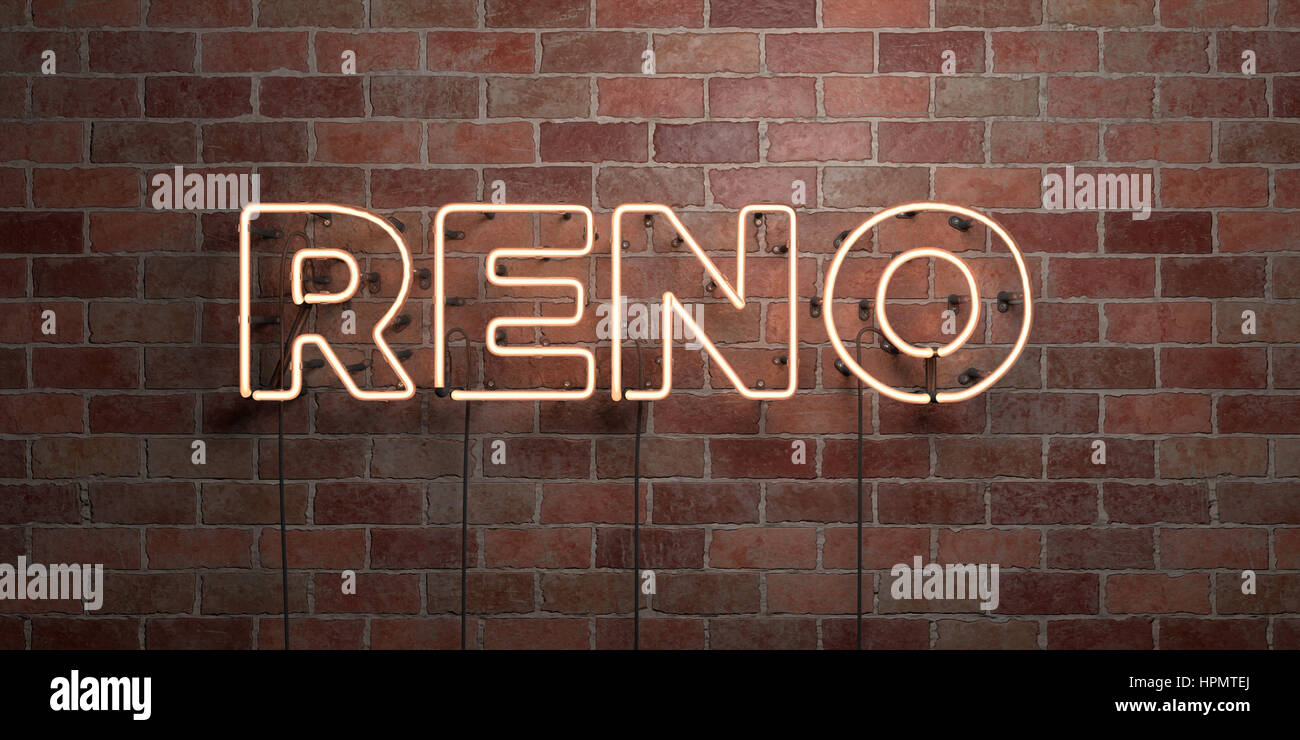 RENO - fluorescent Neon tube Sign on brickwork - Front view - 3D ...