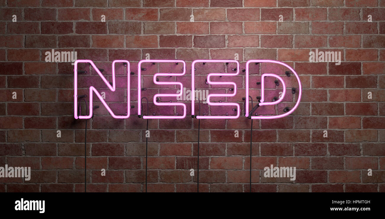 NEED - fluorescent Neon tube Sign on brickwork - Front view - 3D ...