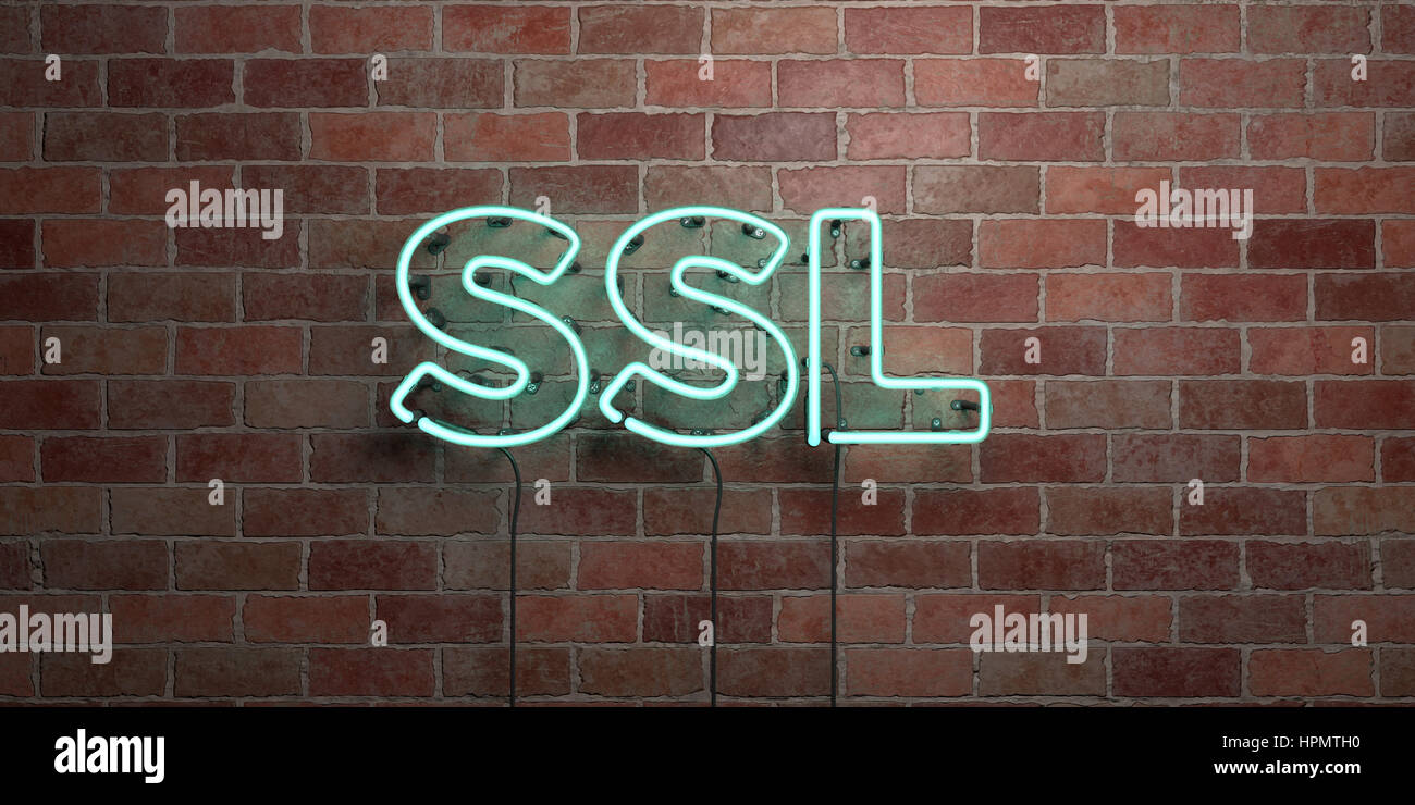 SSL - fluorescent Neon tube Sign on brickwork - Front view - 3D ...