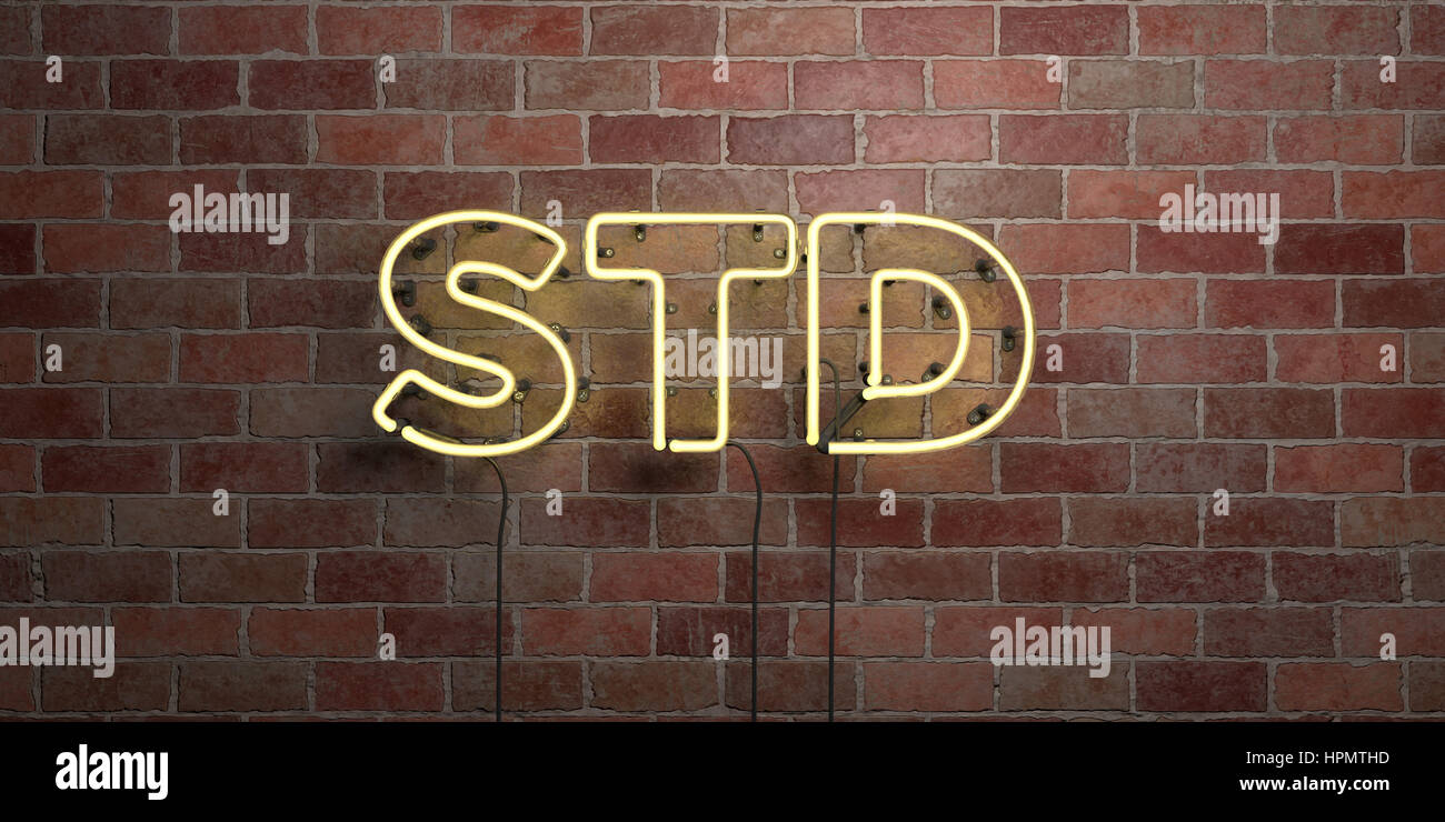 STD - fluorescent Neon tube Sign on brickwork - Front view - 3D ...