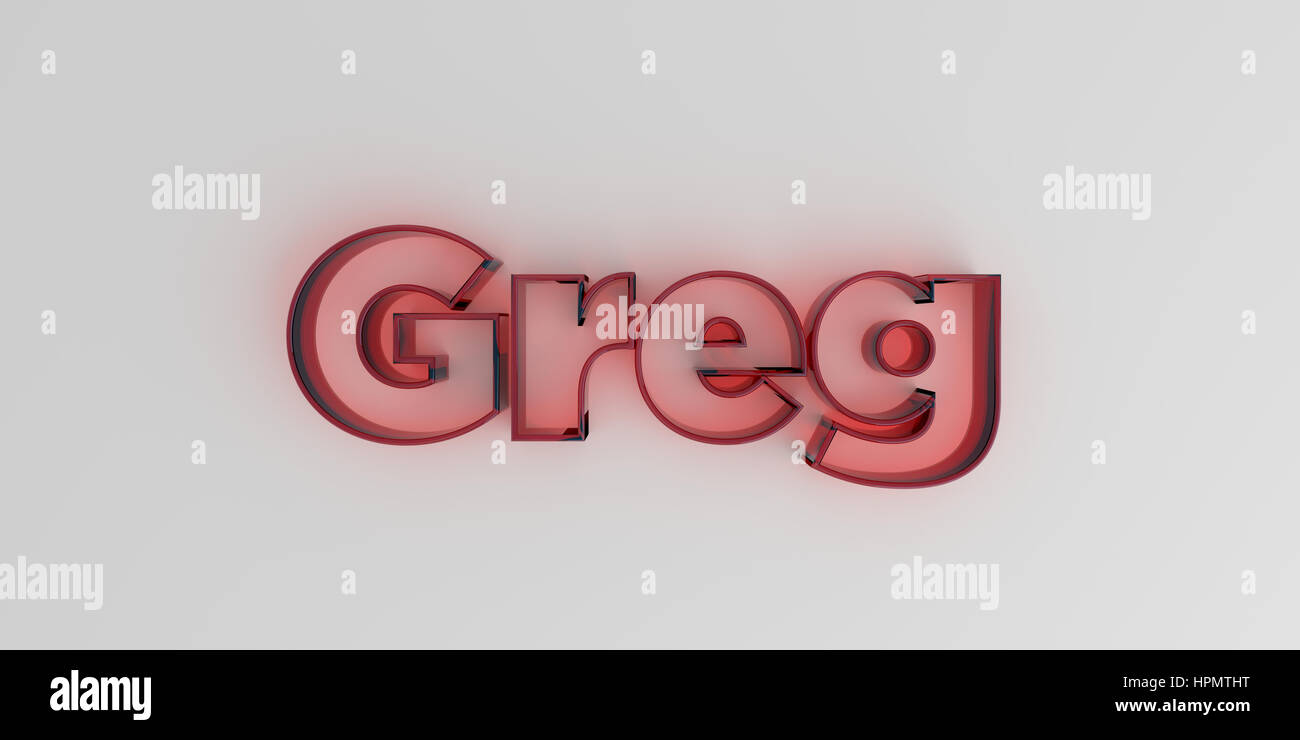 Greg - Red glass text on white background - 3D rendered royalty free ...