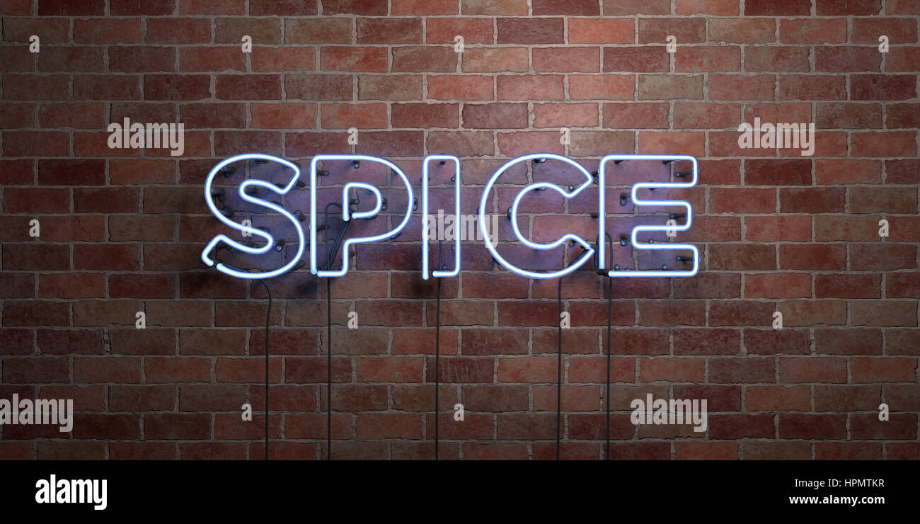 SPICE - fluorescent Neon tube Sign on brickwork - Front view - 3D ...