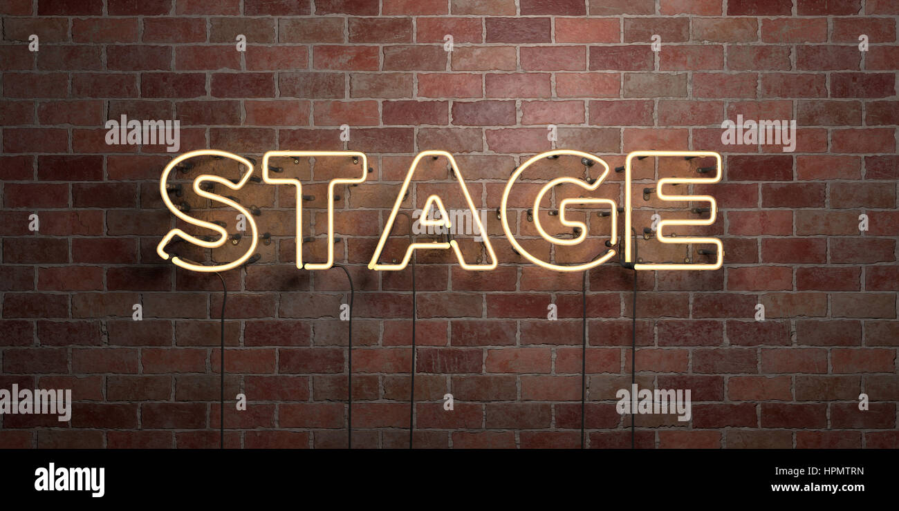 STAGE - fluorescent Neon tube Sign on brickwork - Front view - 3D ...