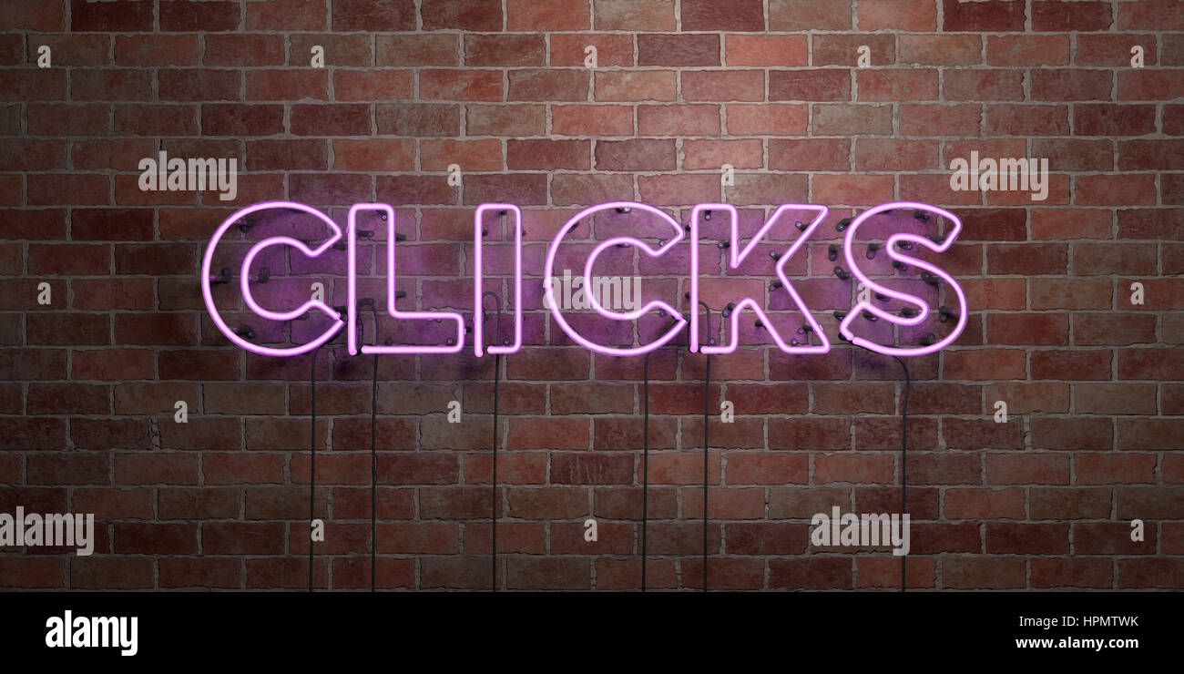 CLICKS - fluorescent Neon tube Sign on brickwork - Front view - 3D ...