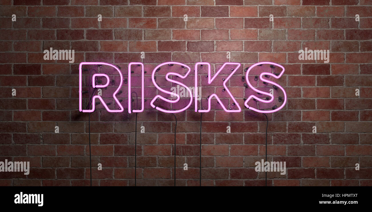 RISKS - fluorescent Neon tube Sign on brickwork - Front view - 3D ...