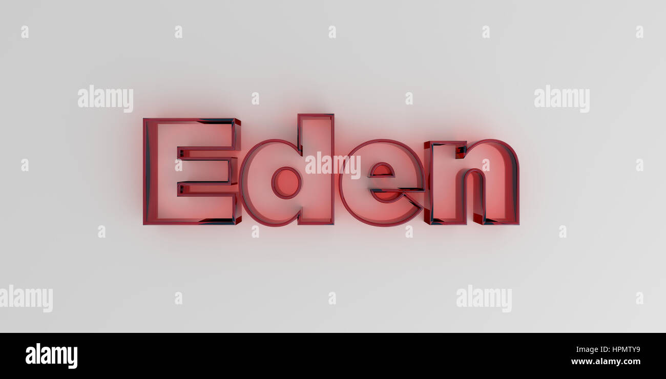 Eden - Red glass text on white background - 3D rendered royalty free ...