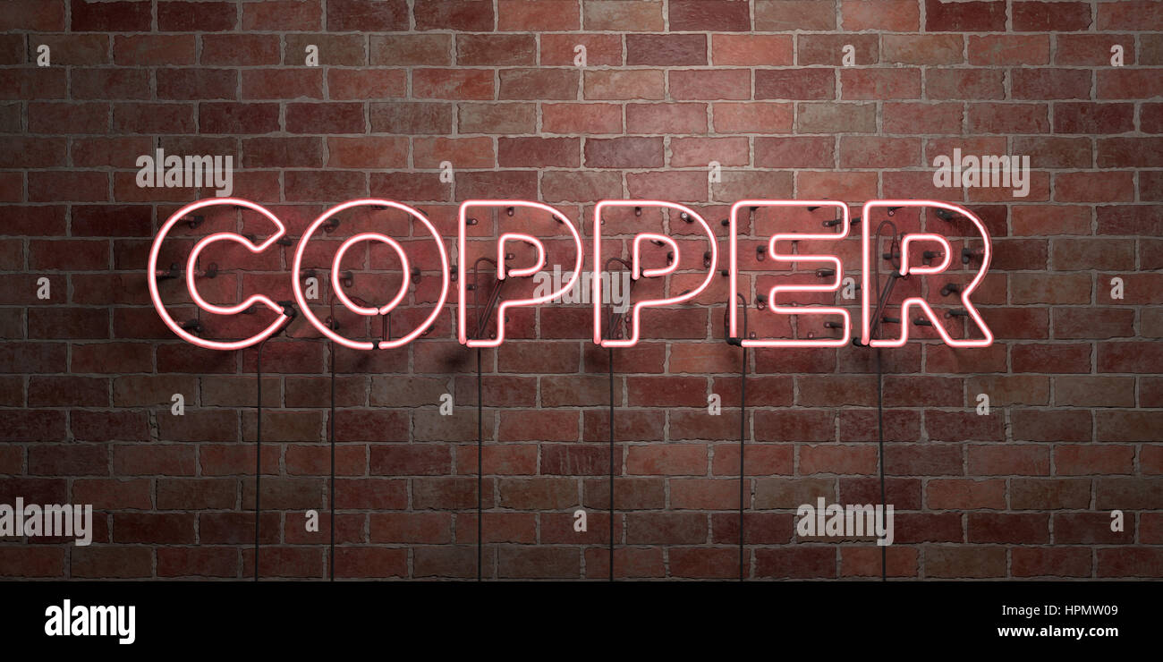 COPPER - fluorescent Neon tube Sign on brickwork - Front view - 3D ...