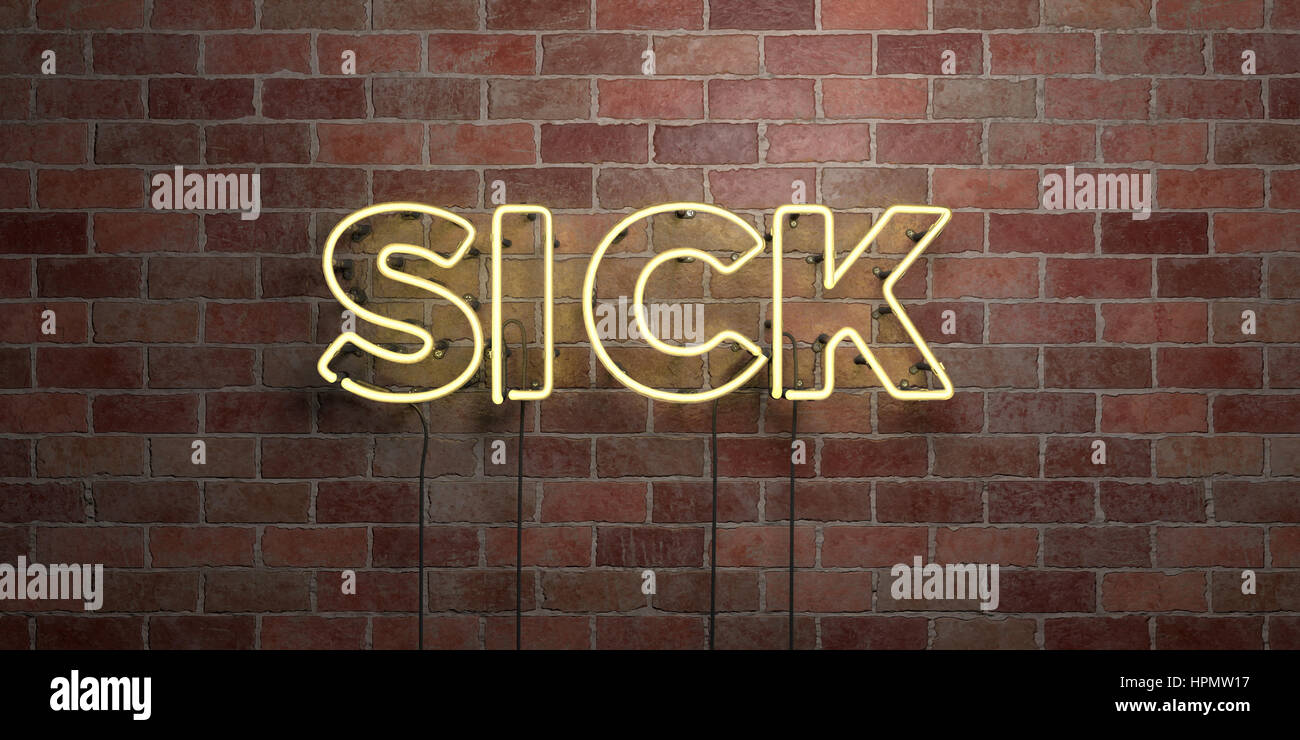 SICK - fluorescent Neon tube Sign on brickwork - Front view - 3D ...